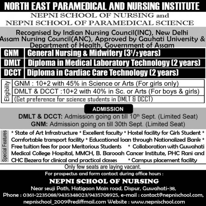 Admission at North East Paramedical and Nursing Institute NEPNI Guwahati 20120903